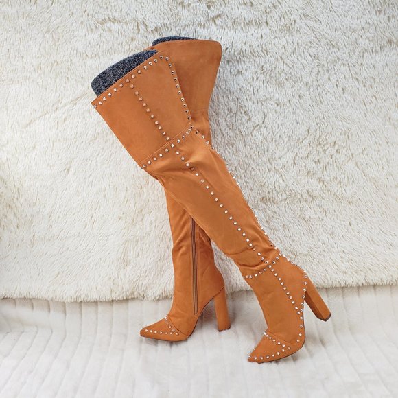 Pazzle | Shoes | Steph Camel Tan Suede Studded Chunky Heel Thigh High ...